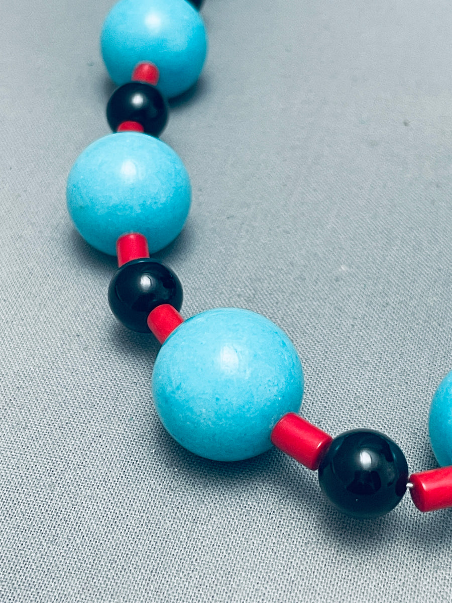 Rounded Turquoise Balls Santo Domingo Coral Sterling Silver Necklace ...