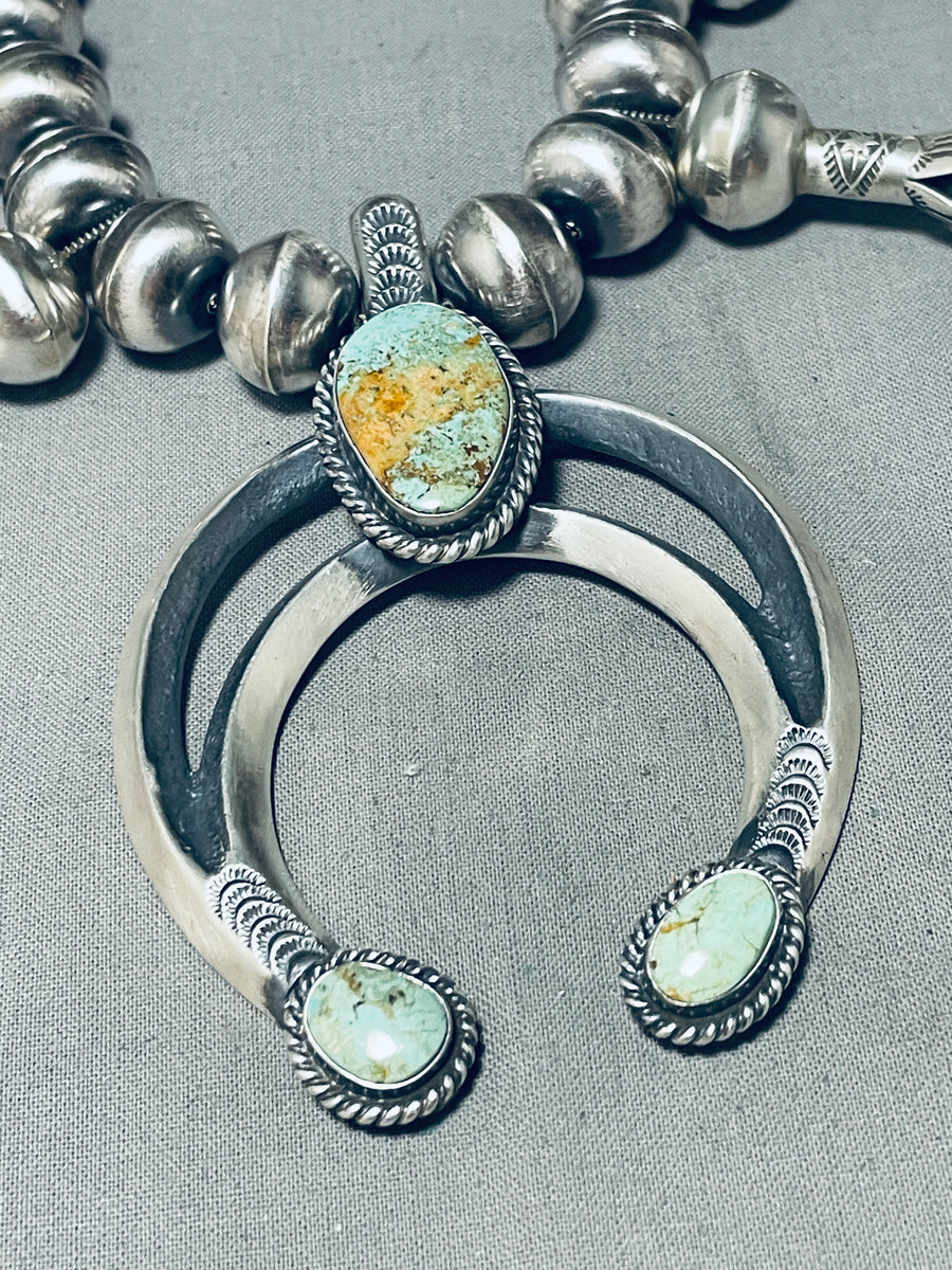 218 Grams Native American Navajo Turquoise Sterling Silver Squash Blos ...