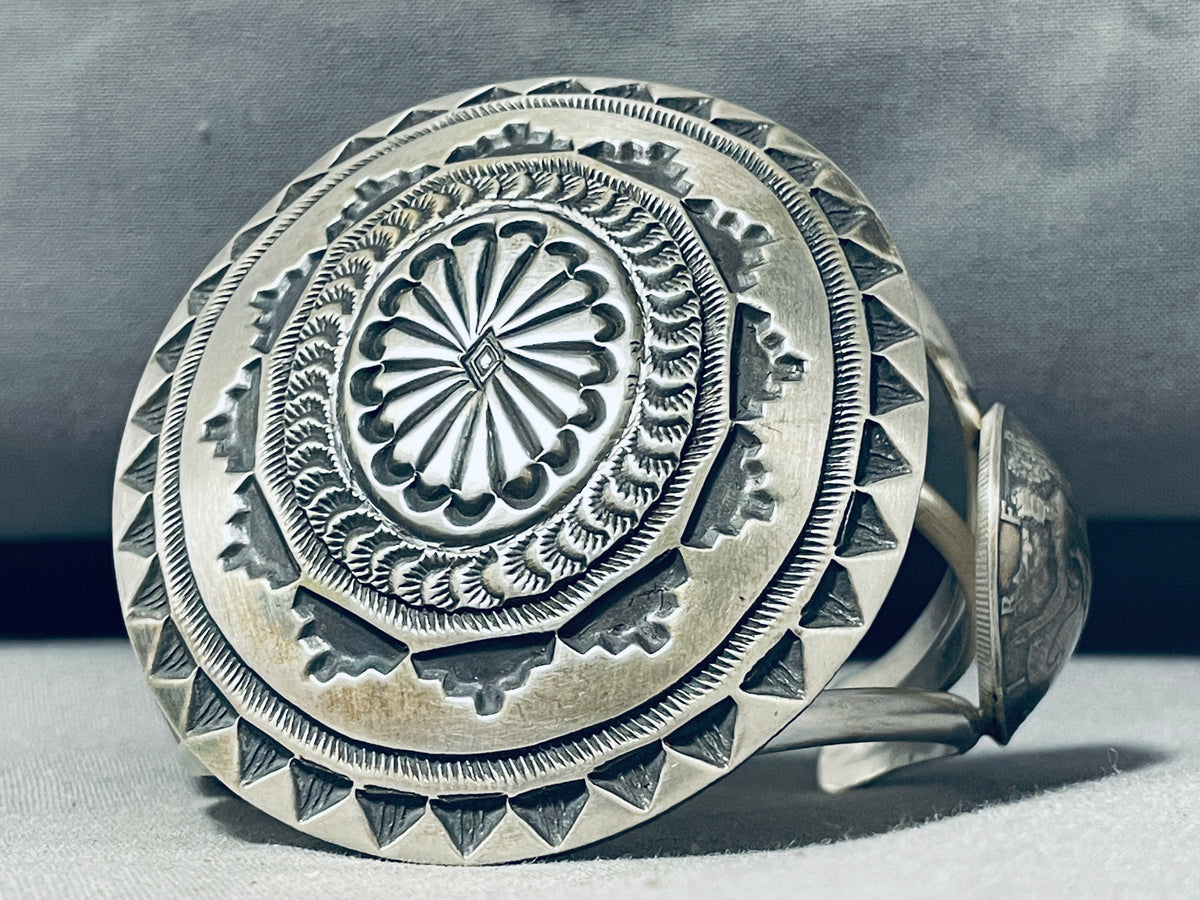 111 Grams Heavy Native American Navajo Sterling Silver Hand Stamped Br ...