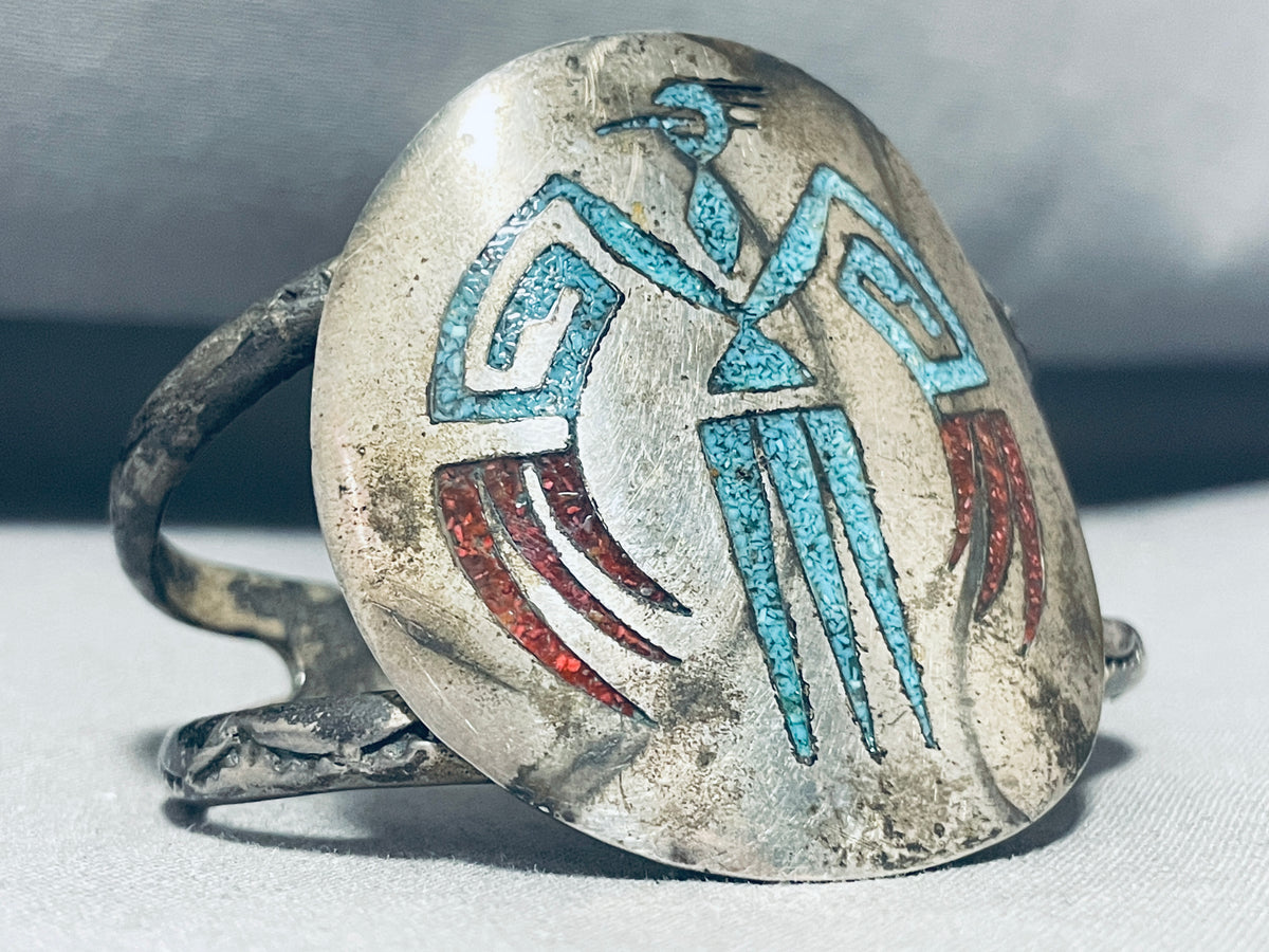 Amazing Vintage Native American Navajo Turquoise Coral Chip Inlay Bird ...
