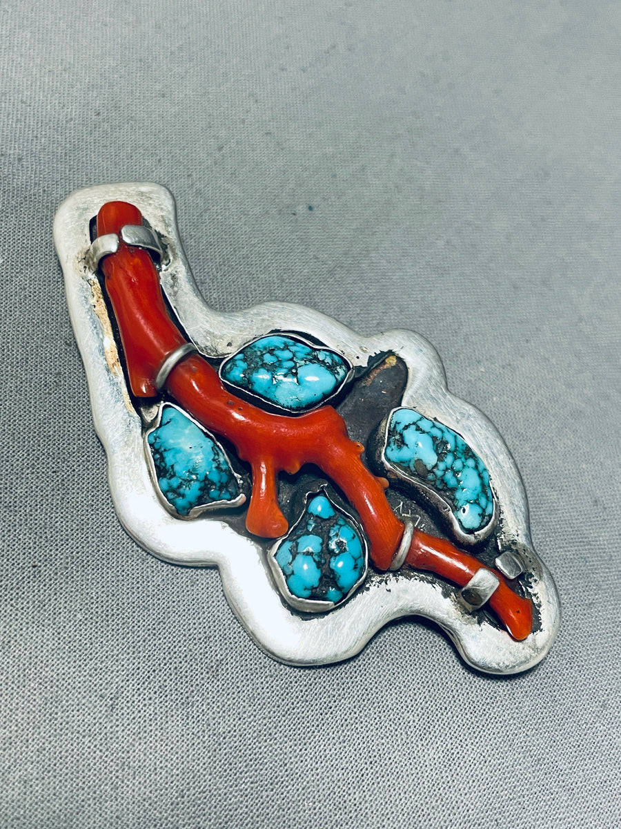 One Of The Craziest Chunk Coral Vintage Native American Navajo Sterlin ...