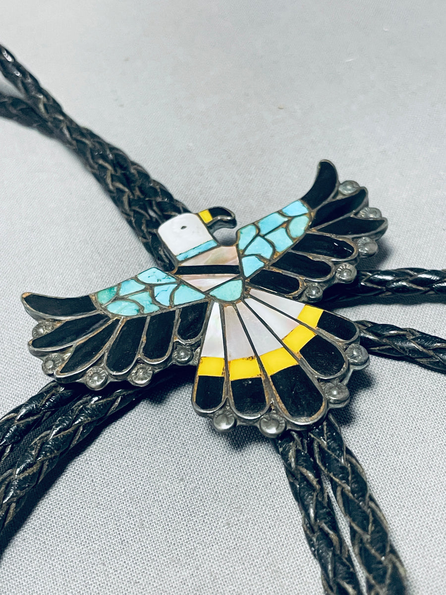 Gasp! Vintage Native American Zuni Eagle Inlay Sterling Silver Bolo Ti ...