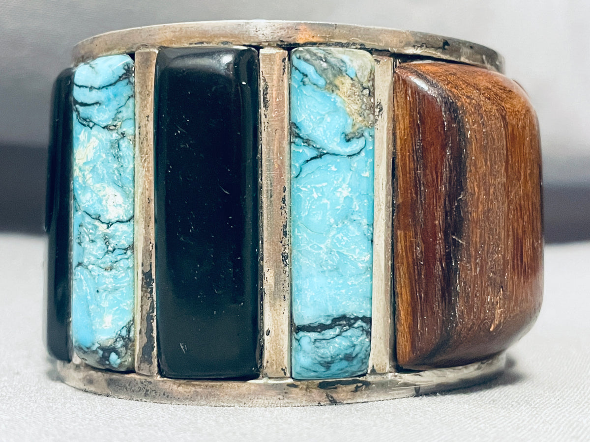 138 Grams Vintage Native American Navajo Turquoise Wood Inlay Sterling ...