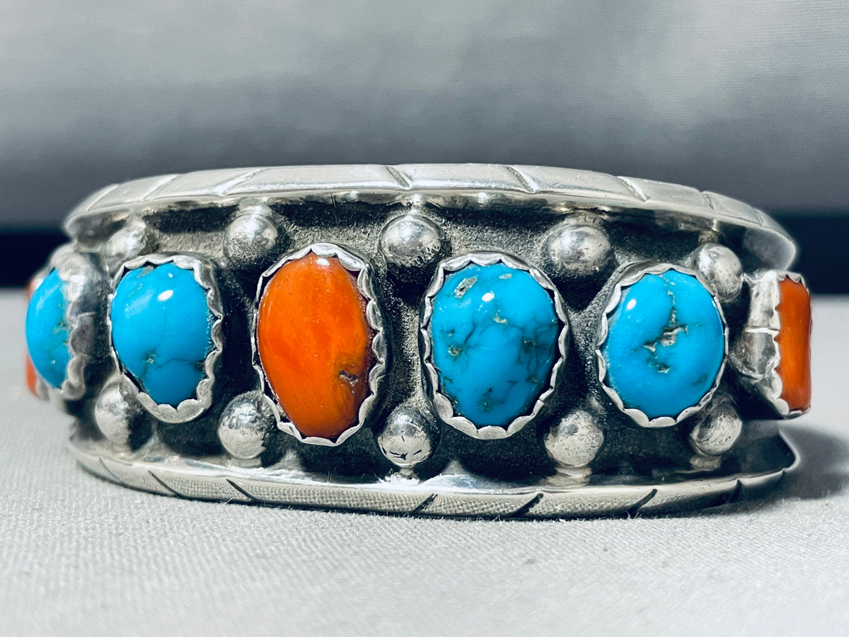 Marvelous Vintage Native American Hopi Blue Gem Turquoise & Coral Ster ...