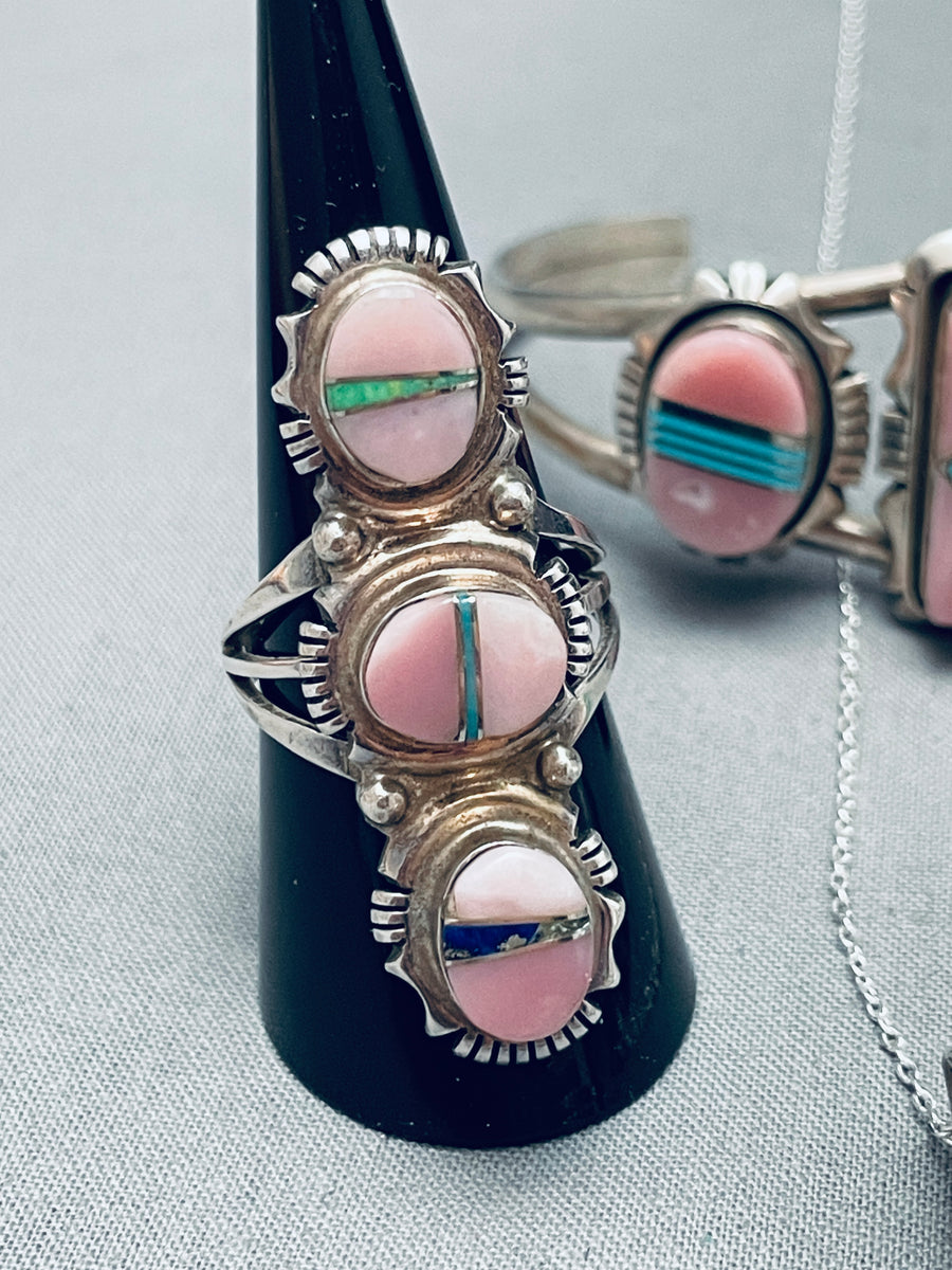 Best Vintage Native American Navajo Rose Quartz Turquoise Inlay Sterli ...