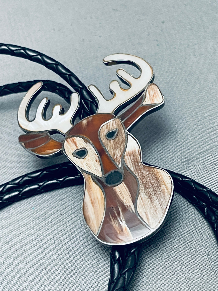 Huge Deer Vintage Native American Zuni Inlay Sterling Silver Bolo Tie ...