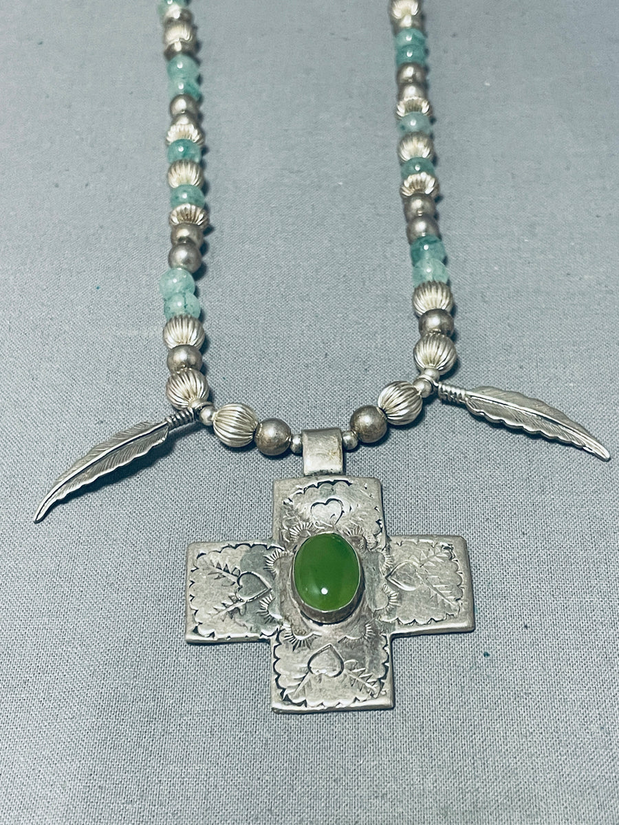 Divine Native American Navajo Jade Sterling Silver Feathers Large Cros ...