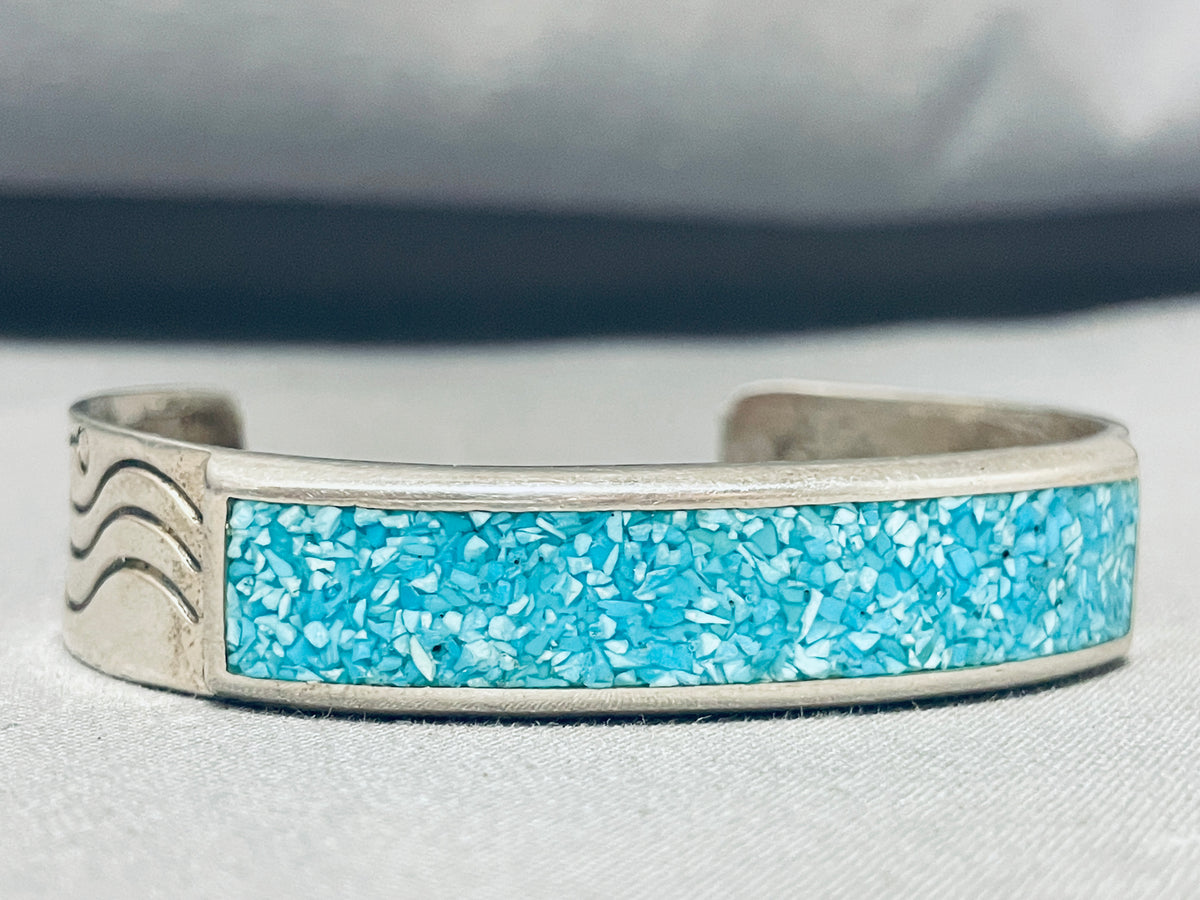 Brilliant Vintage Native American Navajo Turquoise Chip Inlay Sterling ...