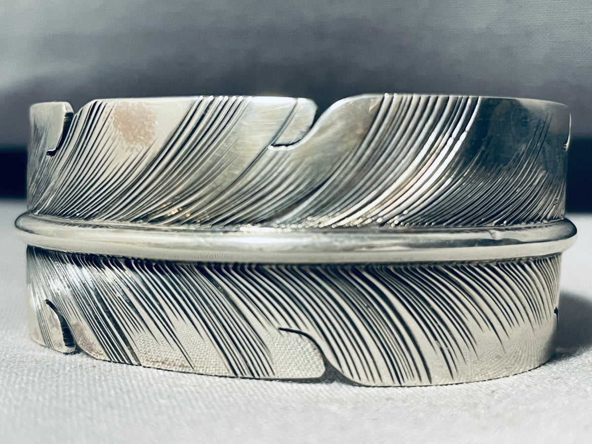 Hand Carved Feather Vintage Native American Navajo Sterling Silver Bra ...