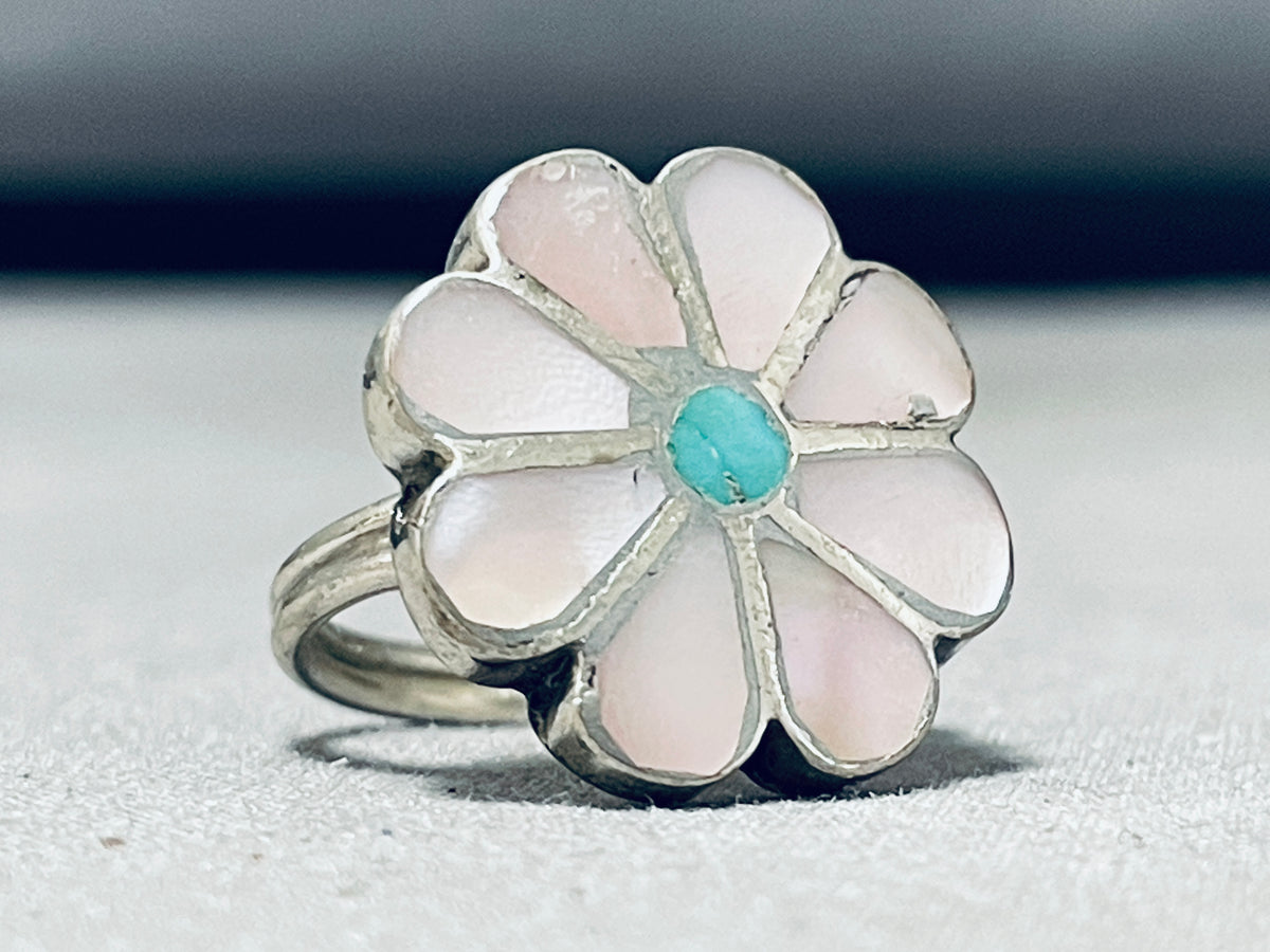 Beautiful Vintage Native American Navajo Flower Turquoise Inlay Sterli ...