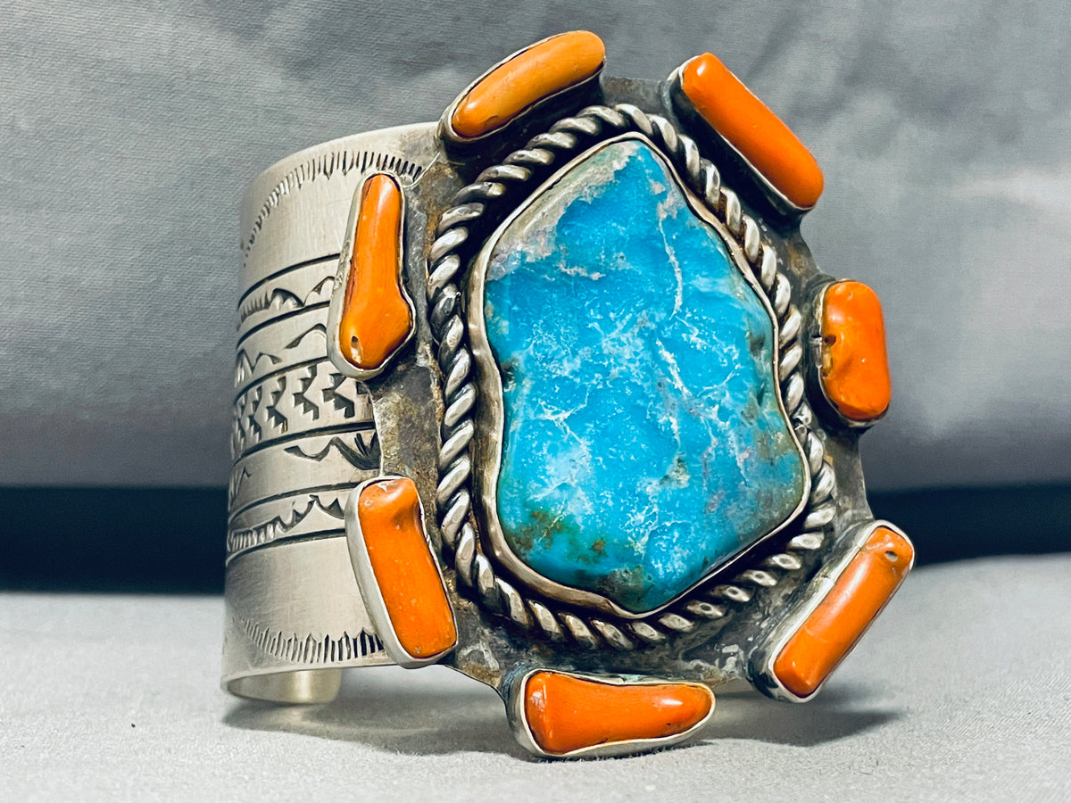 143 Grams!! Monstrous Native American Navajo Turquoise Coral Sterling ...