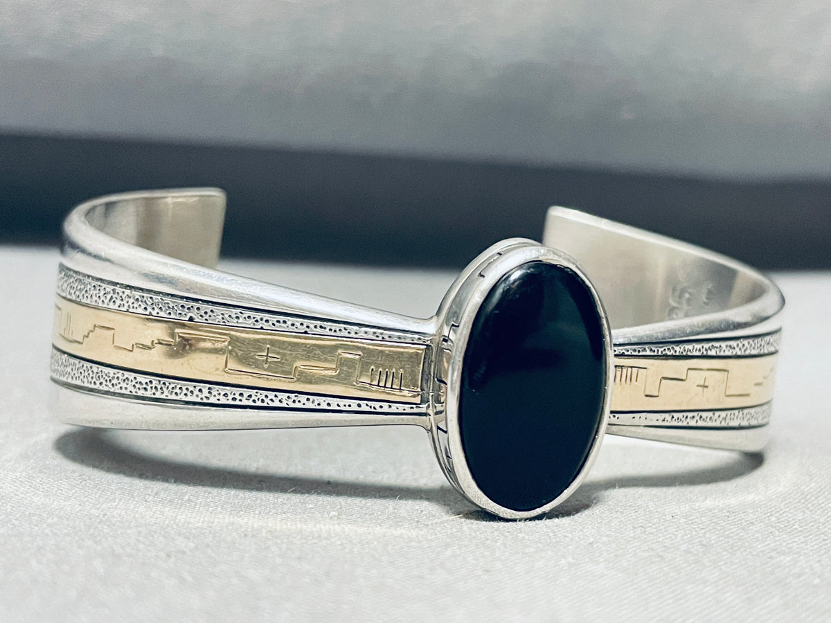 Native American Amazing Vintage Navajo Onyx Sterling Silver Gold Brace ...