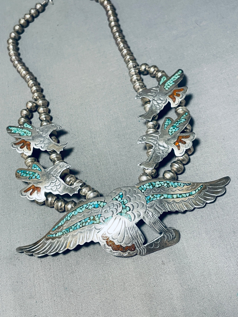 Nezzie Vintage Native American Navajo Eagle Turquoise Inlay Sterling S ...
