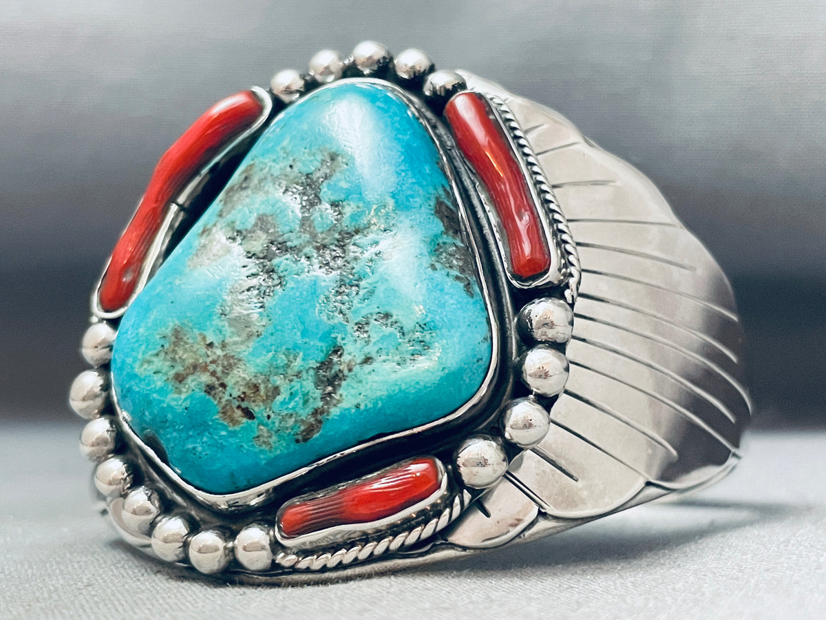 Huge Vintage Native American Navajo Old Kingman Turquoise Sterling Sil ...