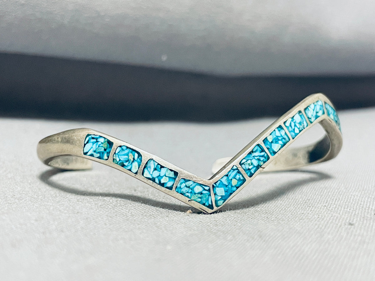 Authentic Vintage Native American Navajo Turquoise Chip Inlay Sterling ...