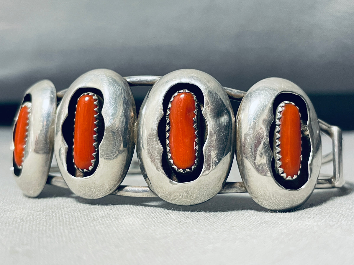 Spectacular Native American Navajo Coral Sterling Silver Shadowbox Bra ...