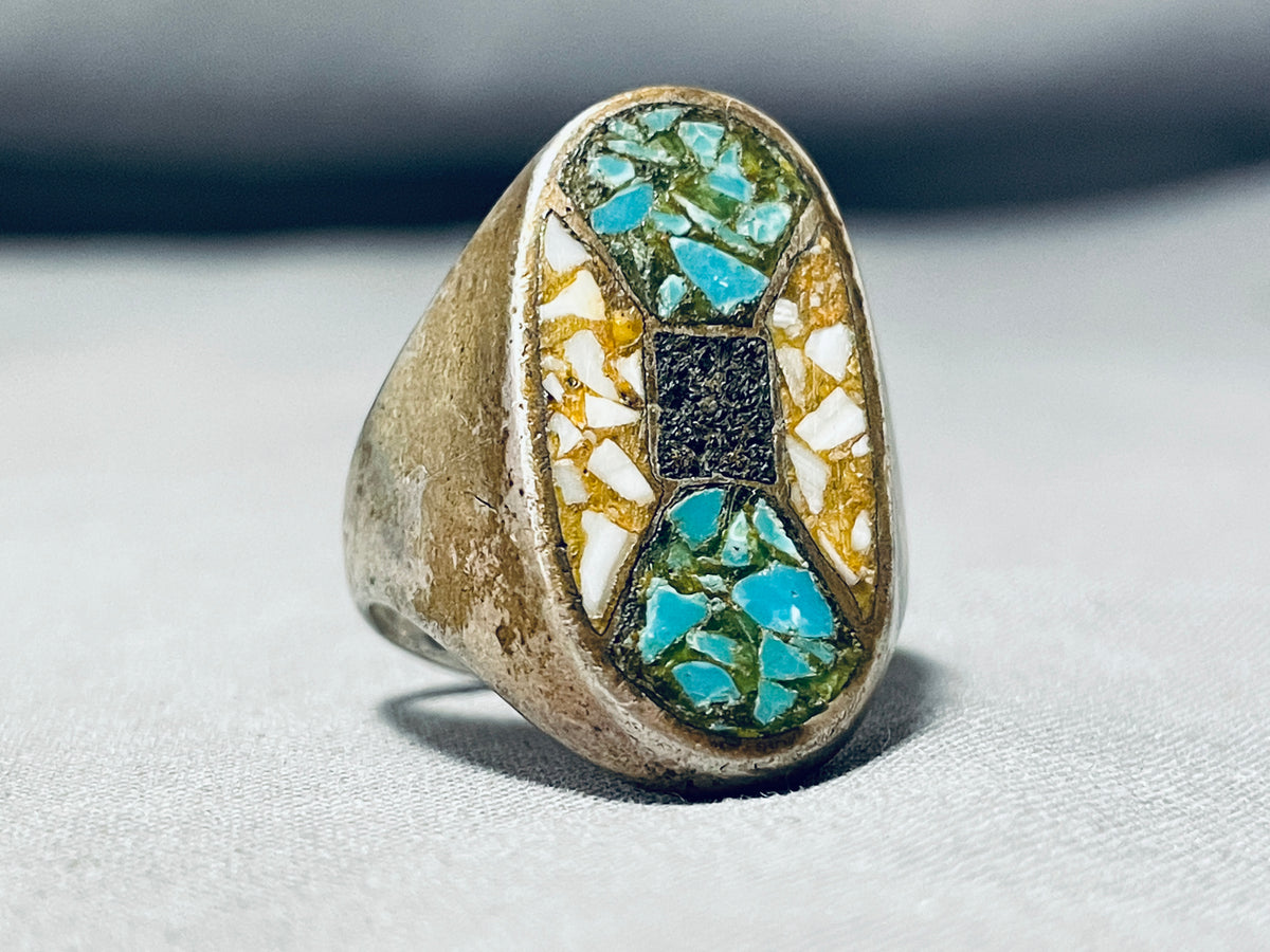 Illustrious Vintage Native American Navajo Turquoise Chip Inlay Sterli ...