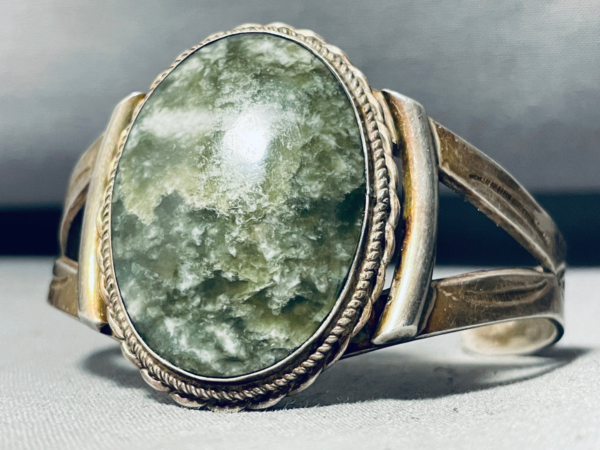 Mystic Green Agate Vintage Native American Navajo Sterling Silver Brac ...