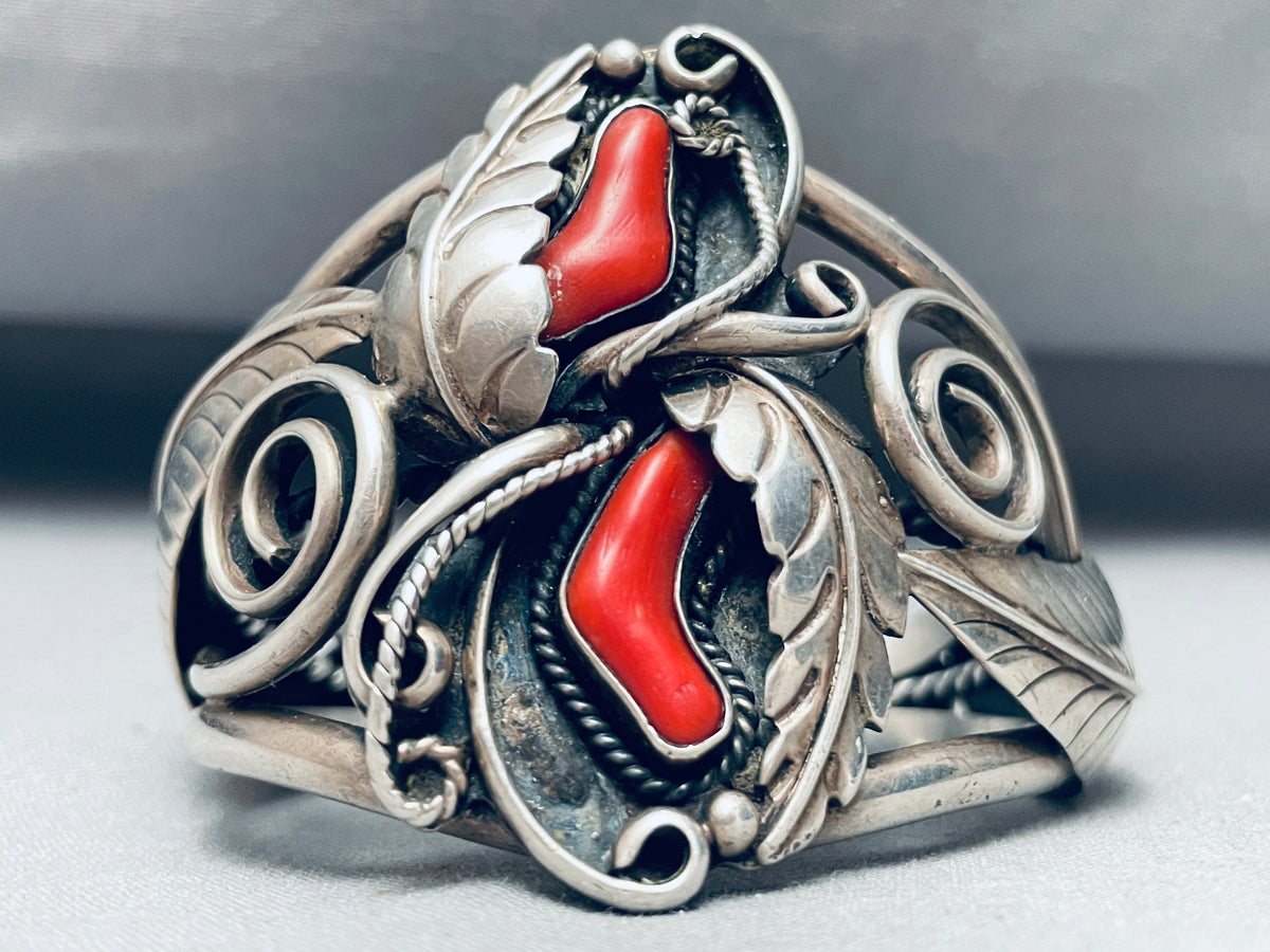 Leaves Galore Vintage Native American Navajo Coral Sterling Silver Bra ...
