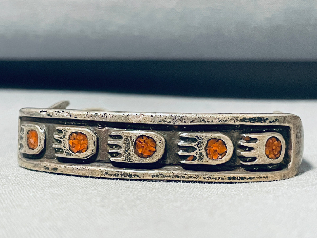 Unique Vintage Native American Navajo Coral Chip Inlay Sterling Silver ...