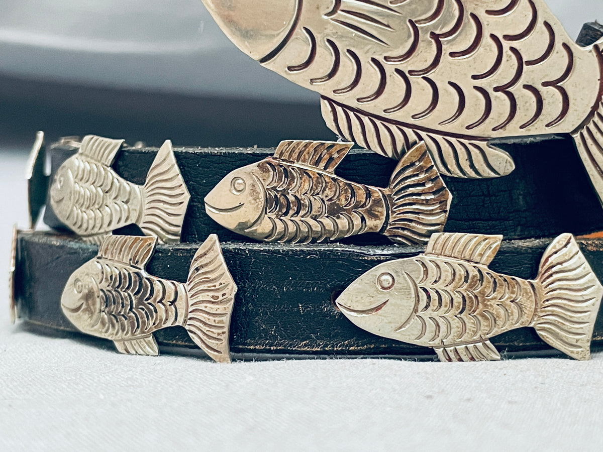 Rare Fish!! Vintage Southwest Sterling Silver Hand Tooled Concho Belt ...