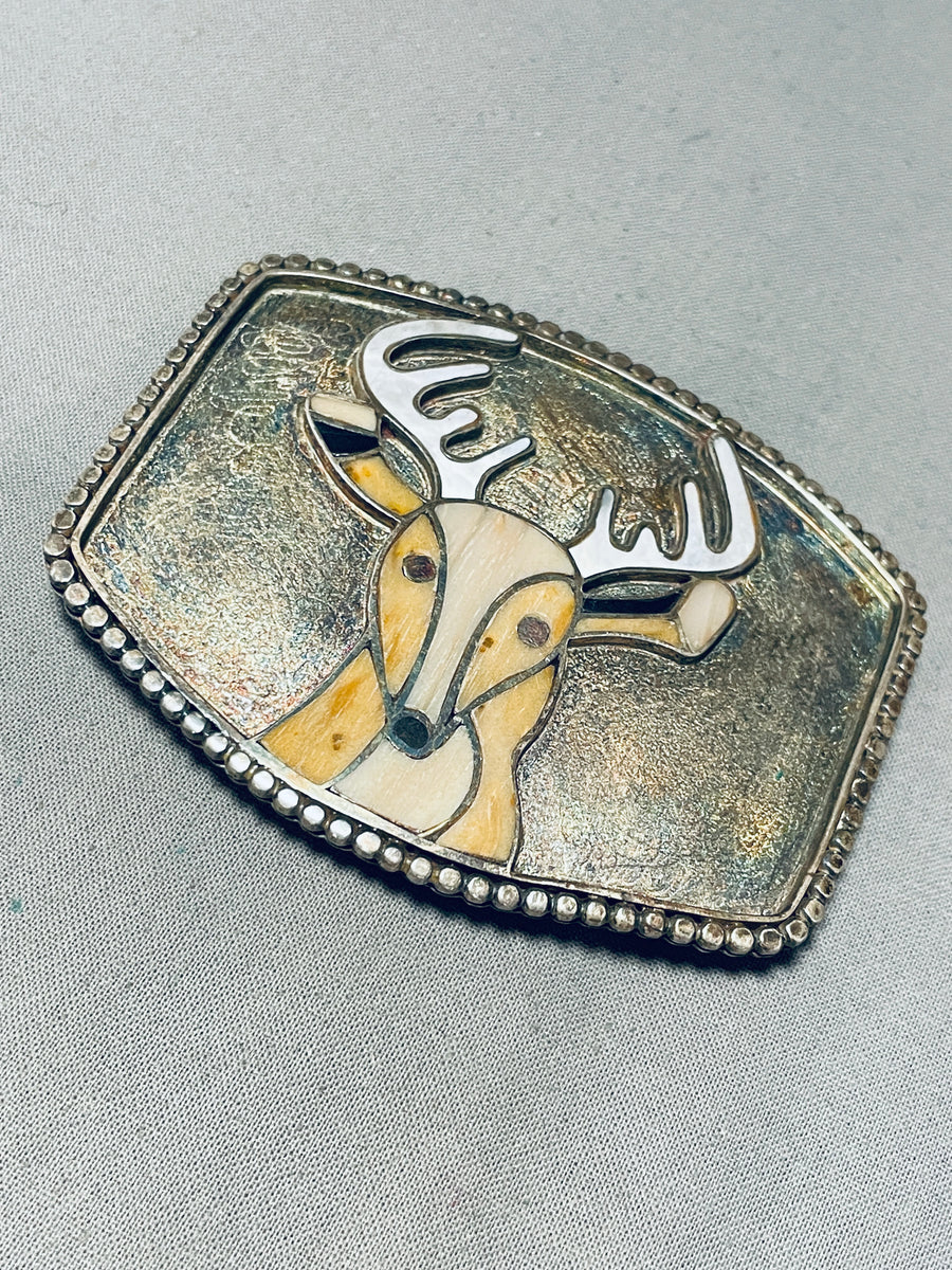 Important Vintage Native American Navajo Elk Inlay Sterling Silver Buc ...