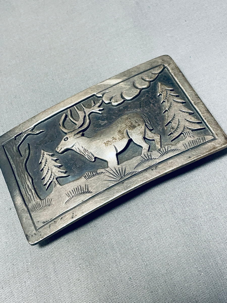Highly Detailed Elk Vintage Native American Navajo Sterling Silver Buc ...