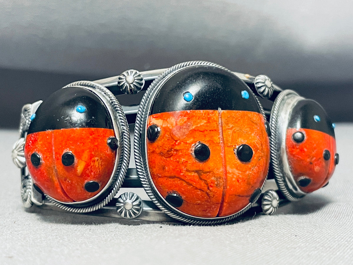 Cutest Native American Zuni Coral Turquoise Ladybug Sterling Silver Br ...