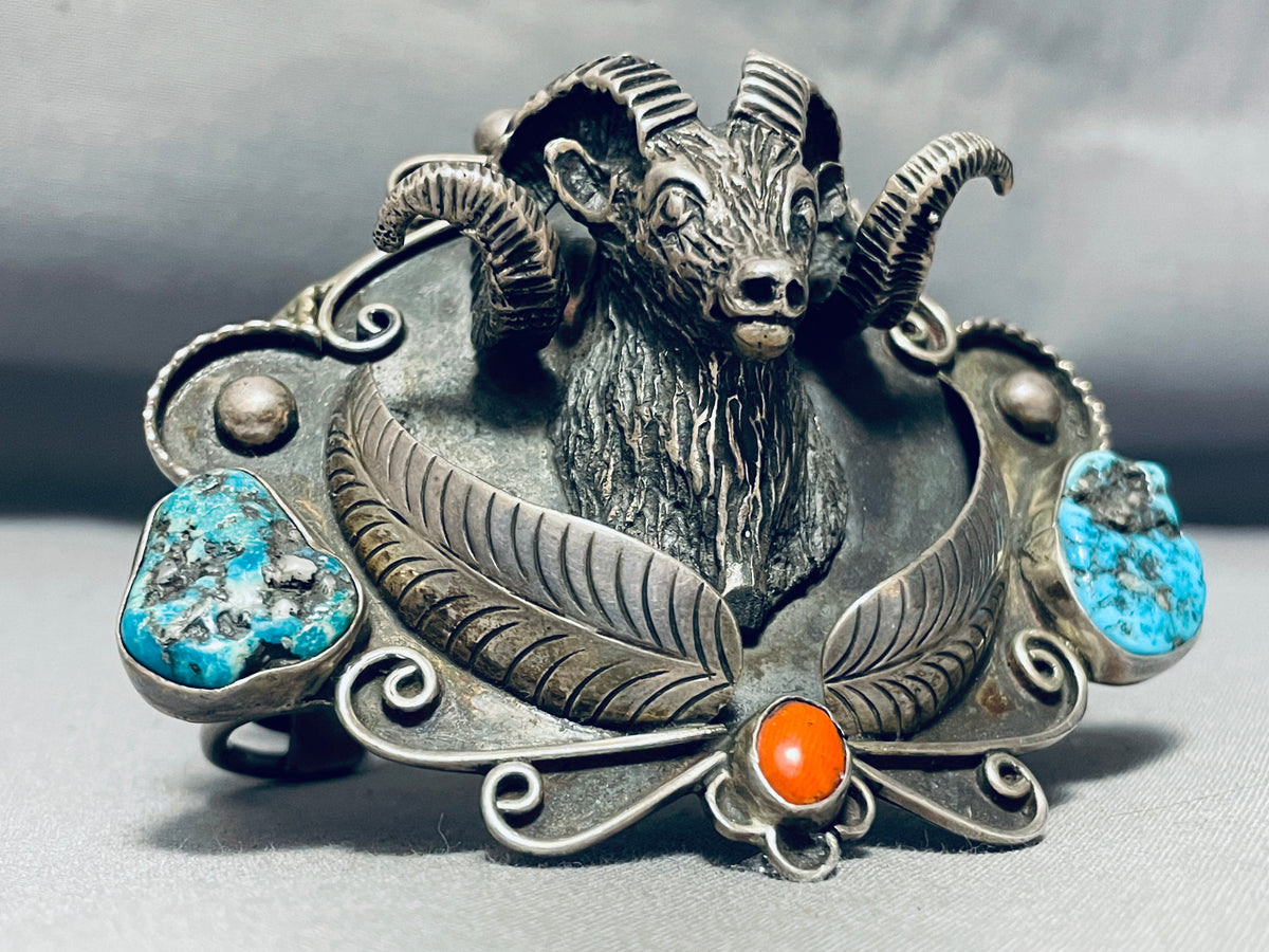 Big Men's Vintage Native American Navajo Ram Turquoise Sterling Silver ...