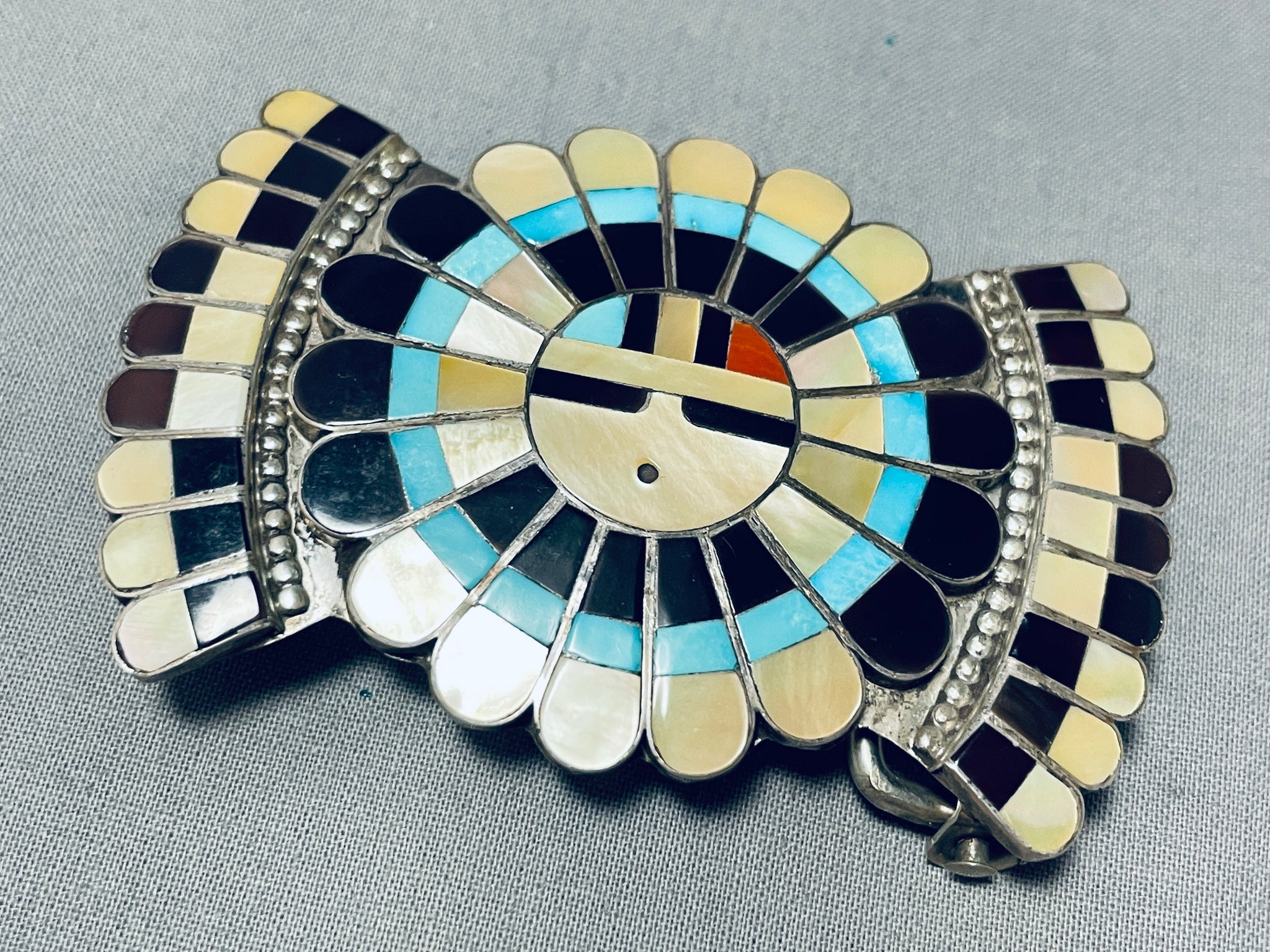 Massive Vintage Native American Zuni Inlay Turquoise Coral Jet Sunface ...
