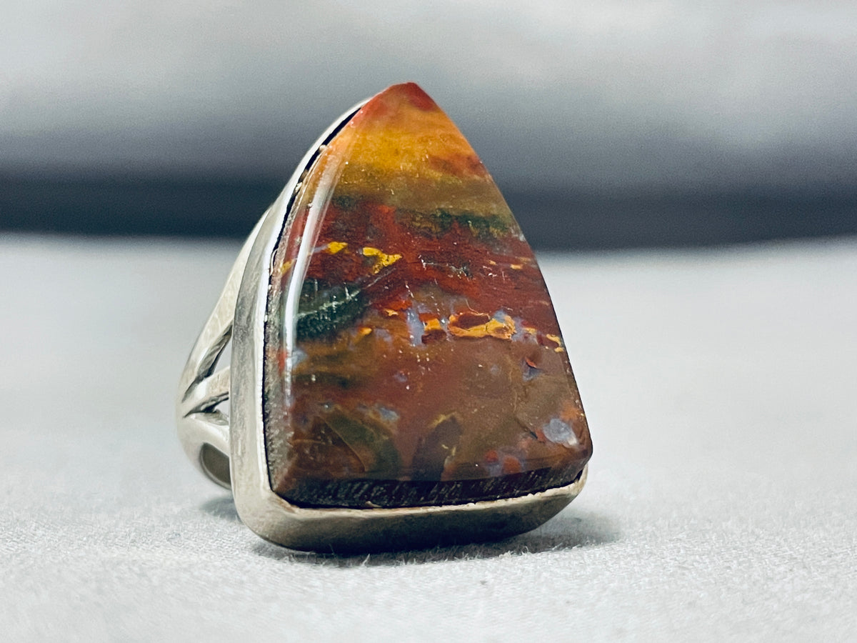 Massive Native American Navajo Signed Agate Triangle Sterling Silver R ...