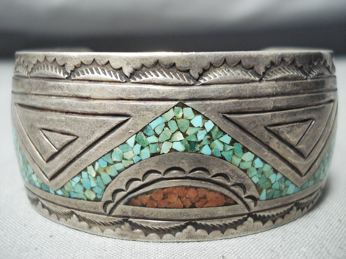 Signed Nezzie Vintage Native American Navajo Turquoise Coral Sterling ...