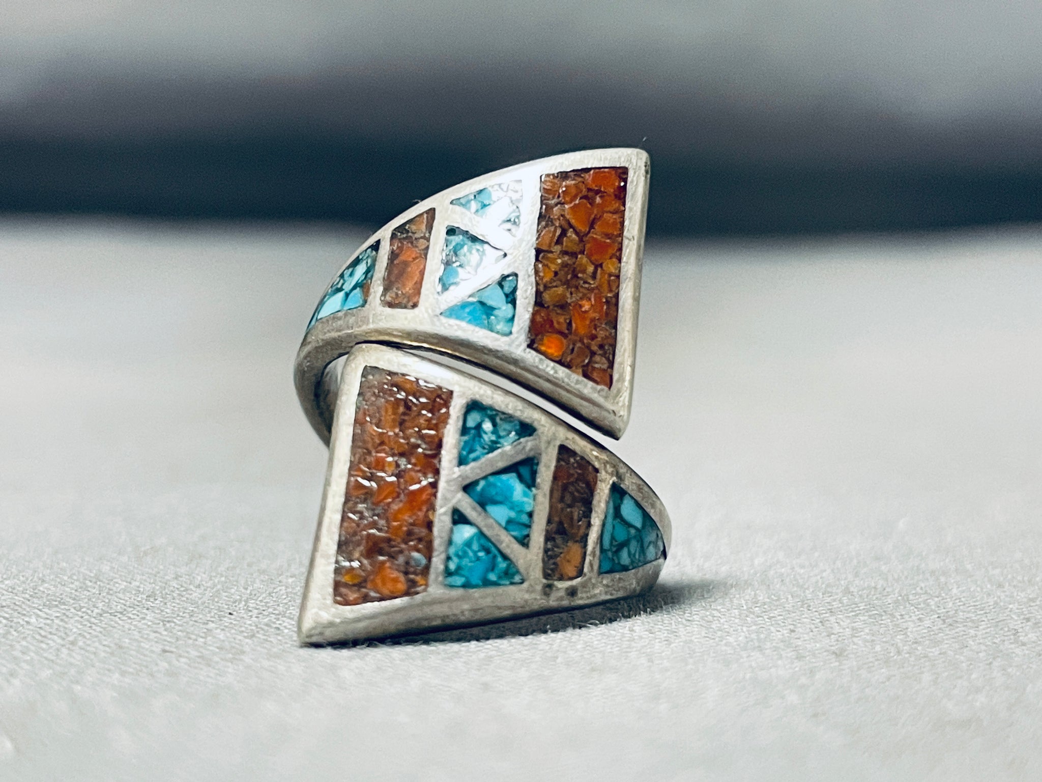 Rare Vintage Native American Navajo Turquoise Coral Chip Inlay Sterlin ...