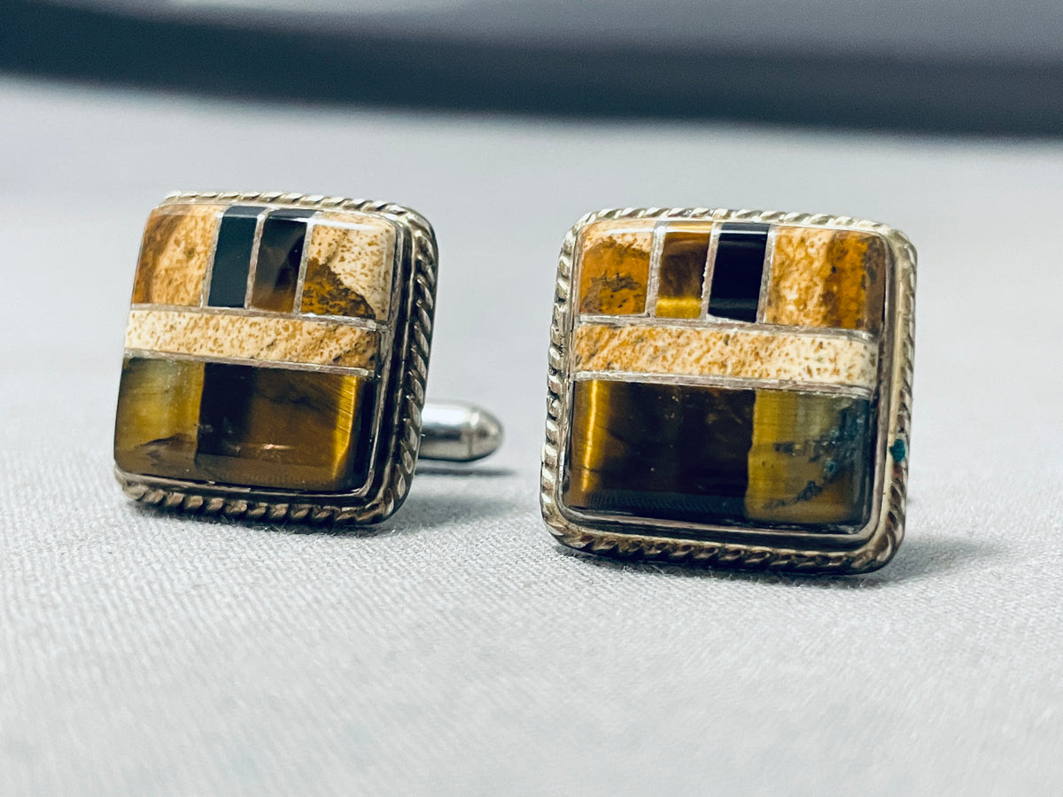 Distinctive Native American Navajo Inlay Tigers Eye Sterling Silver Cu ...
