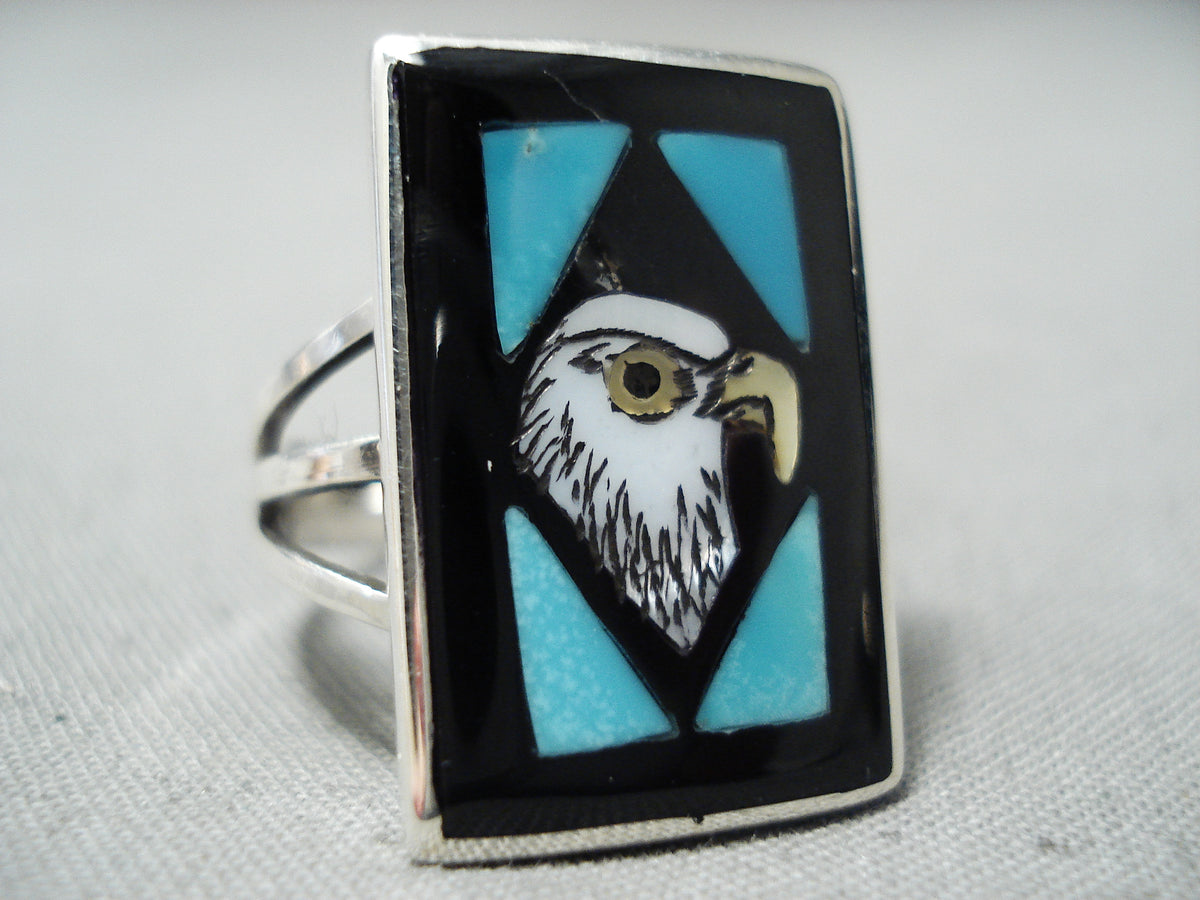 Exquisite Vintage Native American Zuni Inlay Turquoise Jet Eagle Sterl ...
