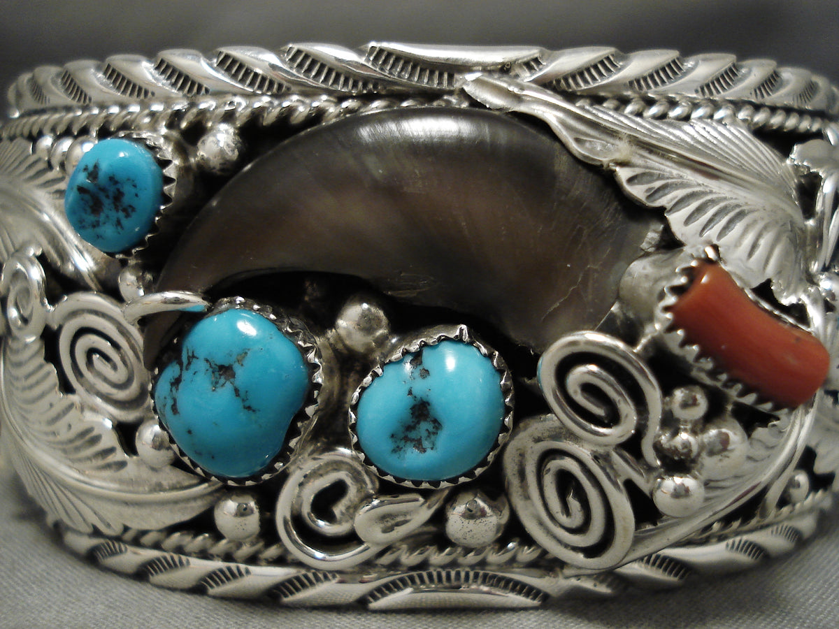 Huge Native American Navajo Silver Garden Turquoise Coral Sterling Bra ...