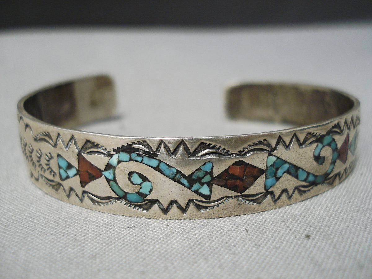Exceptional Vintage Native American Navajo Turquoise Wave Coral Sterli ...