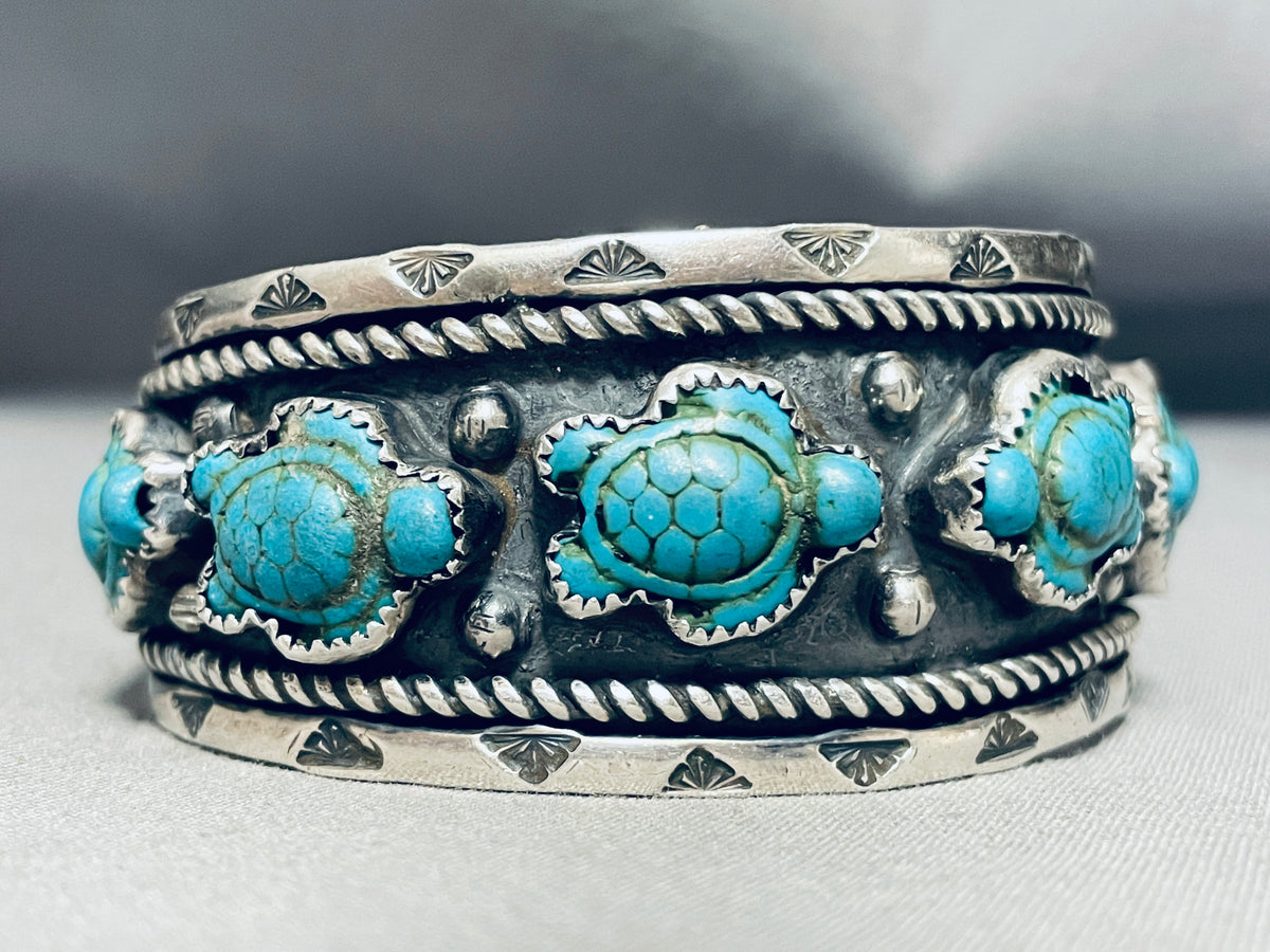 Turtle Turquoise Vintage Native American Navajo Sterling Silver Bracel ...