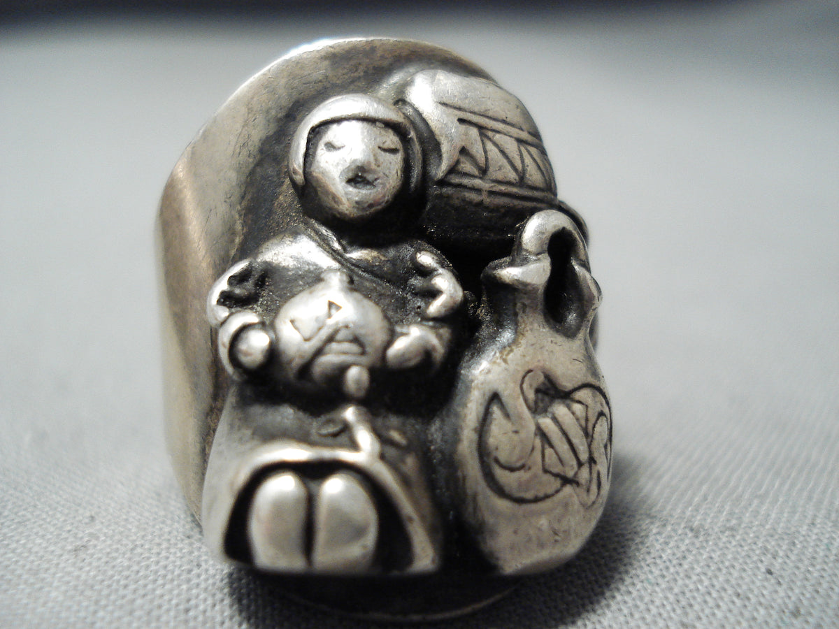 Exceptional Vintage Navajo Sterling Silver Storyteller Ring Native Ame ...