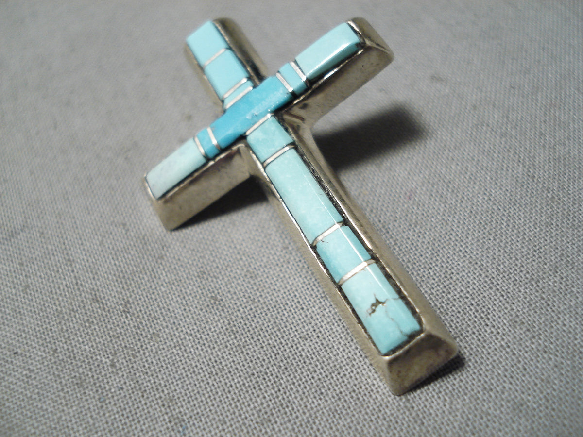 Striking Vintage Native American Navajo Turquoise Inlay Cross Sterling ...