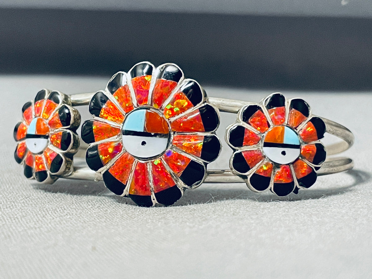Hypnotic Native American Zuni Inlay Fire Opal Turquoise Triple Sunface ...