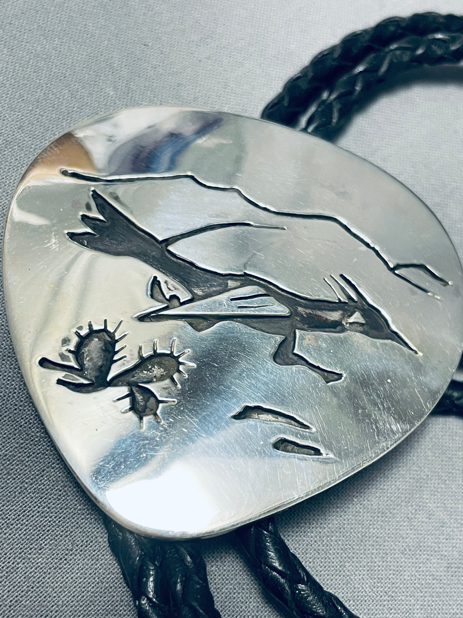 Impressive Native American Navajo Sterling Silver Roadrunner Bolo ...