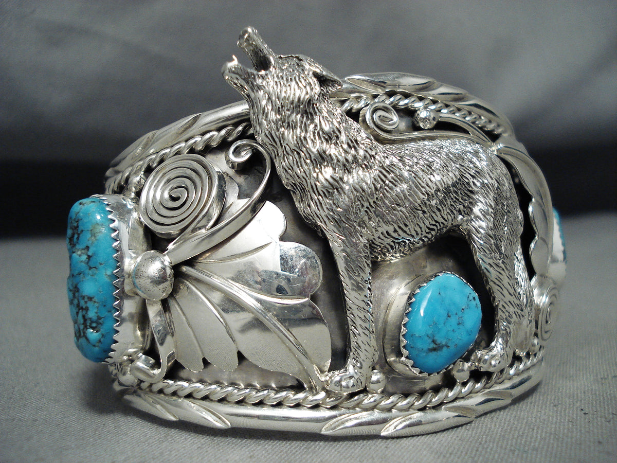 Howling Wolf Native American Navajo Turquoise Detailed Sterling Silver ...