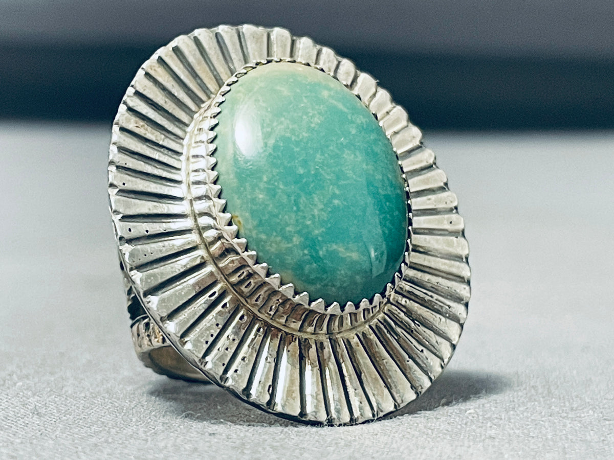 Heavy Native American Green Turquoise Sterling Silver Sunray Ring ...