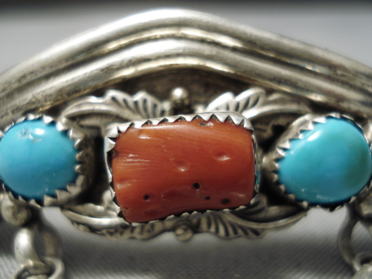Native American Amazing Vintage Navajo Sky Blue Turquoise Coral Sterli ...