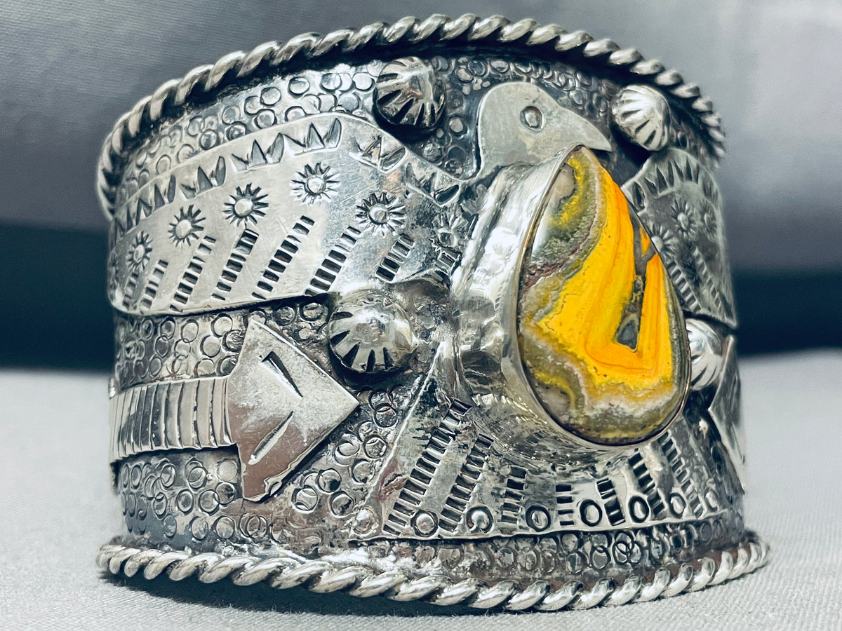 Heavy 77 Gram Southwest Jasper Sterling Silver Thunderbird Bracelet Cu ...