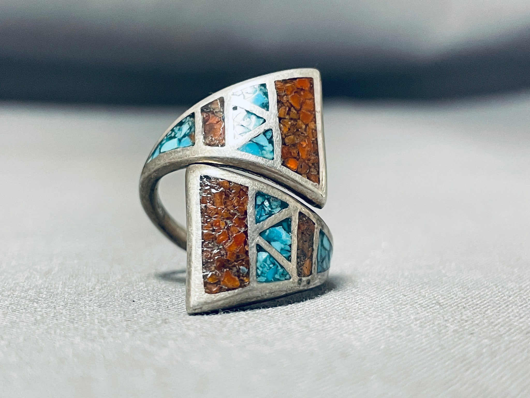 Rare Vintage Native American Navajo Turquoise Coral Chip Inlay Sterlin ...