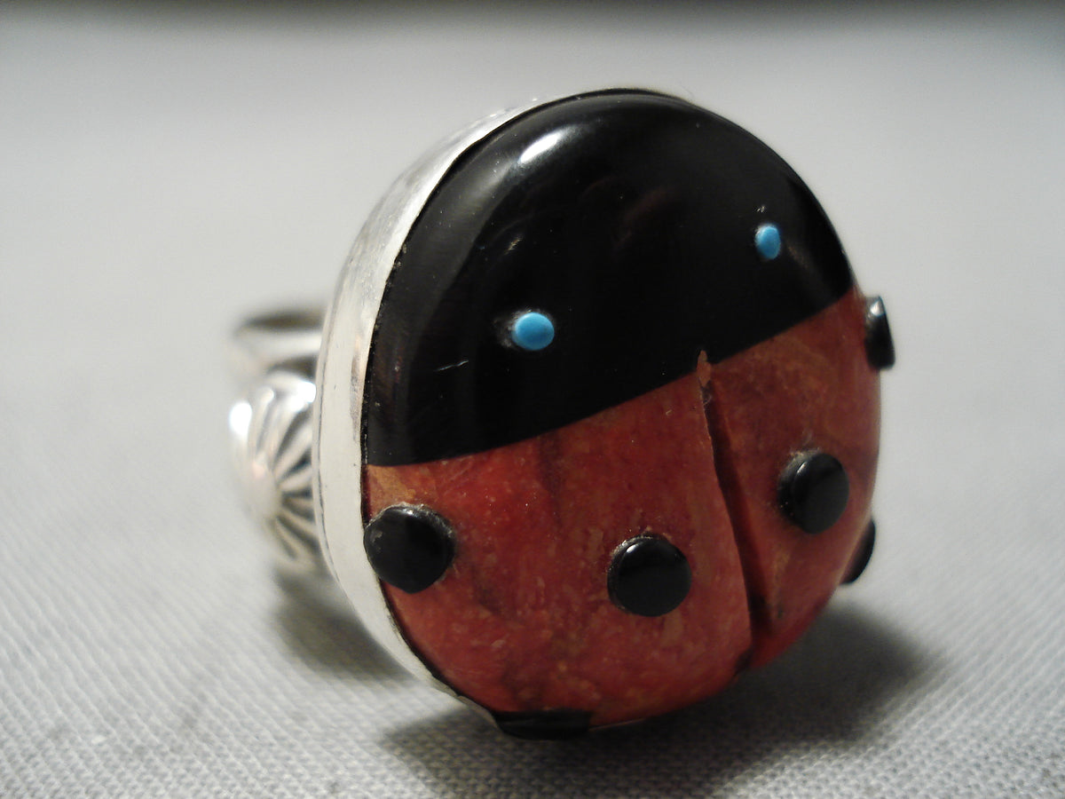 Gorgeous Ladybug Vintage Native American Navajo Turquoise Coral Sterli ...