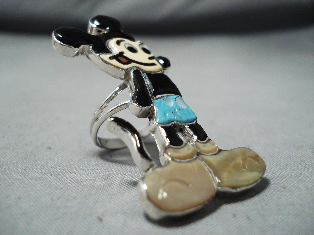 Detailed Native American Zuni Turquoise Mickey Mouse Sterling Silver R ...