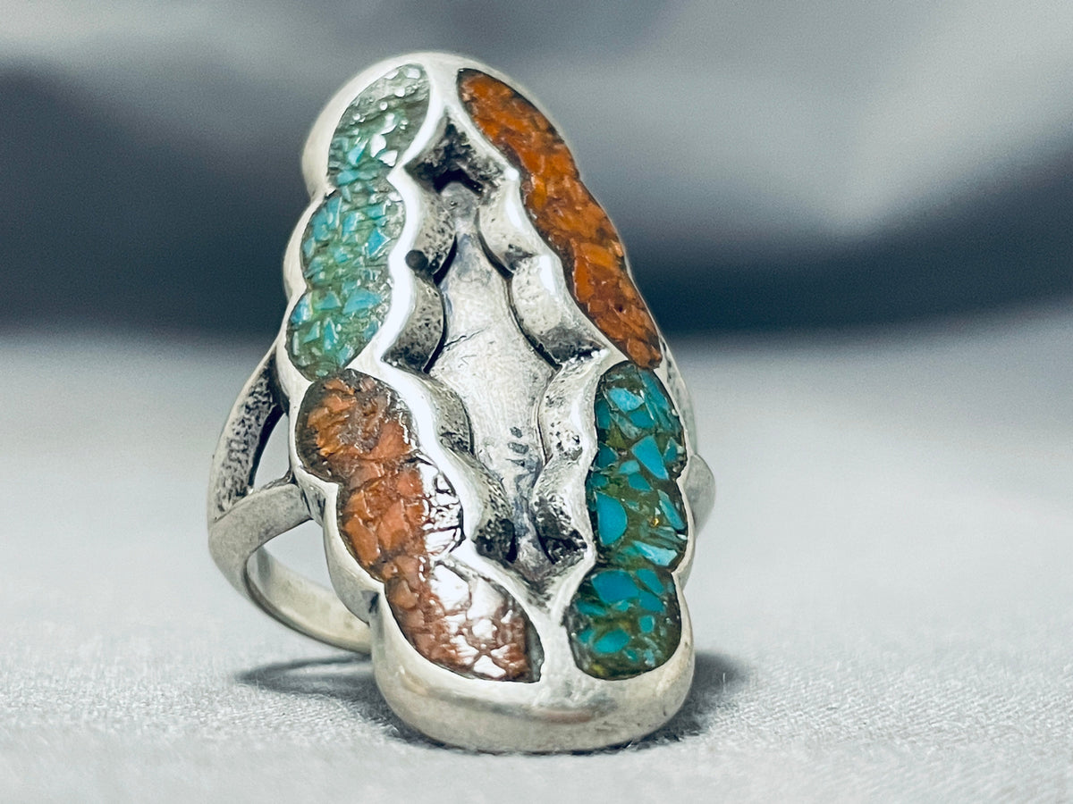 Excellent Vintage Native American Navajo Turquoise Coral Chip Inlay St ...